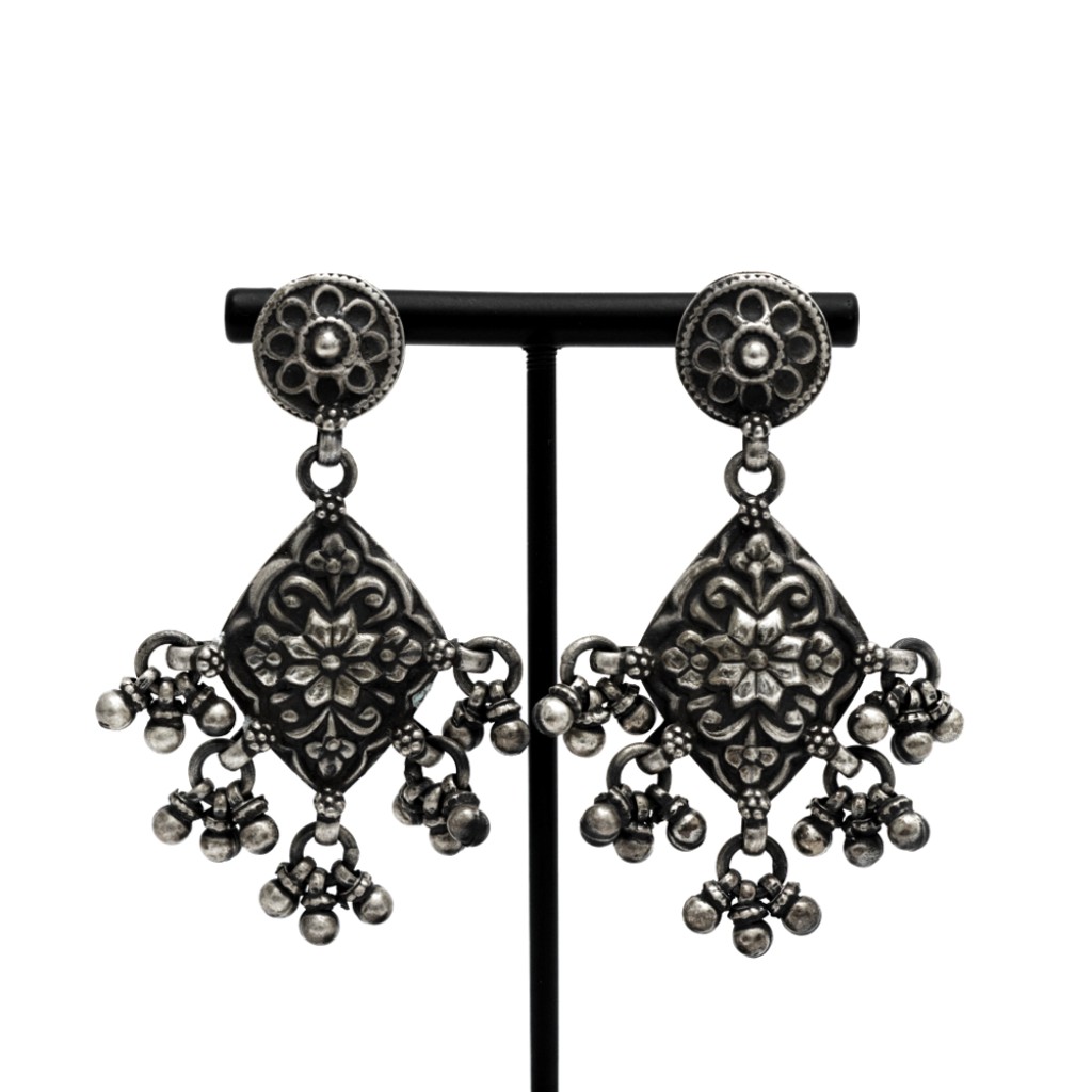 Cercei etnici romb ciucuri India Argint - ArielSilver- Ariel Silver